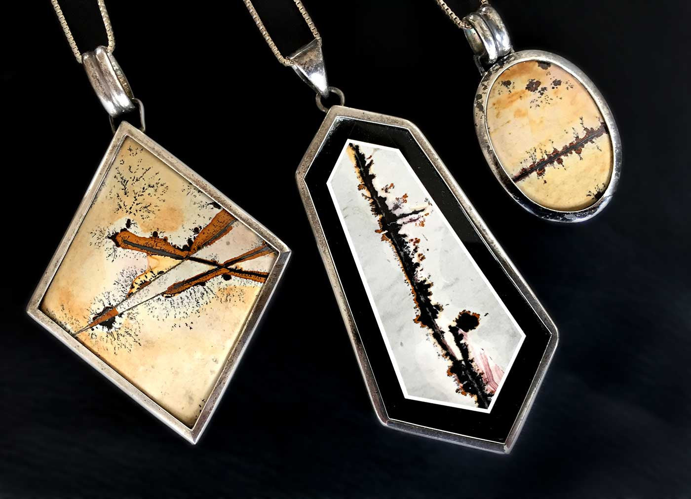 Hexagonal Sterling Silver Dendritic Agate Intarsia Pendant