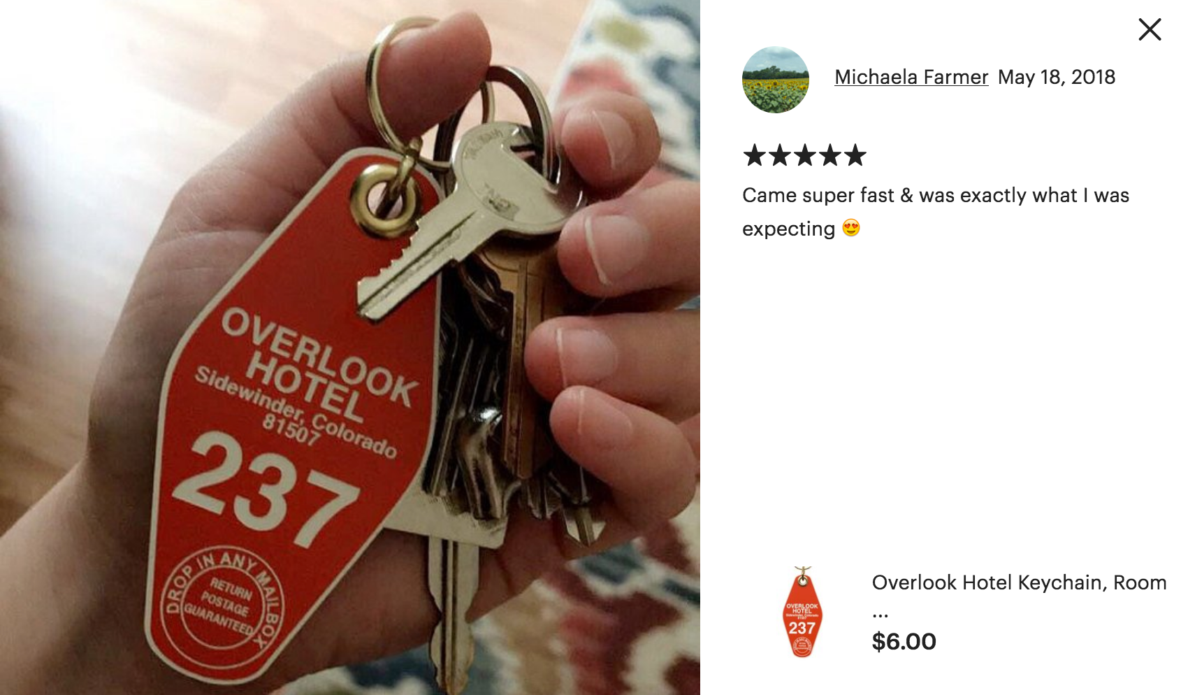 Overlook Hotel Keychain, Room 237, Well Done Goods