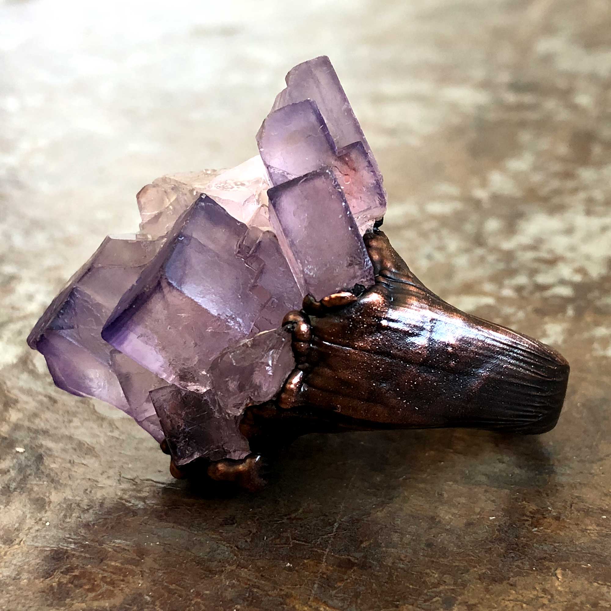 Purple Fluorite Crystal Cluster Ring, Large Electroformed Copper Band