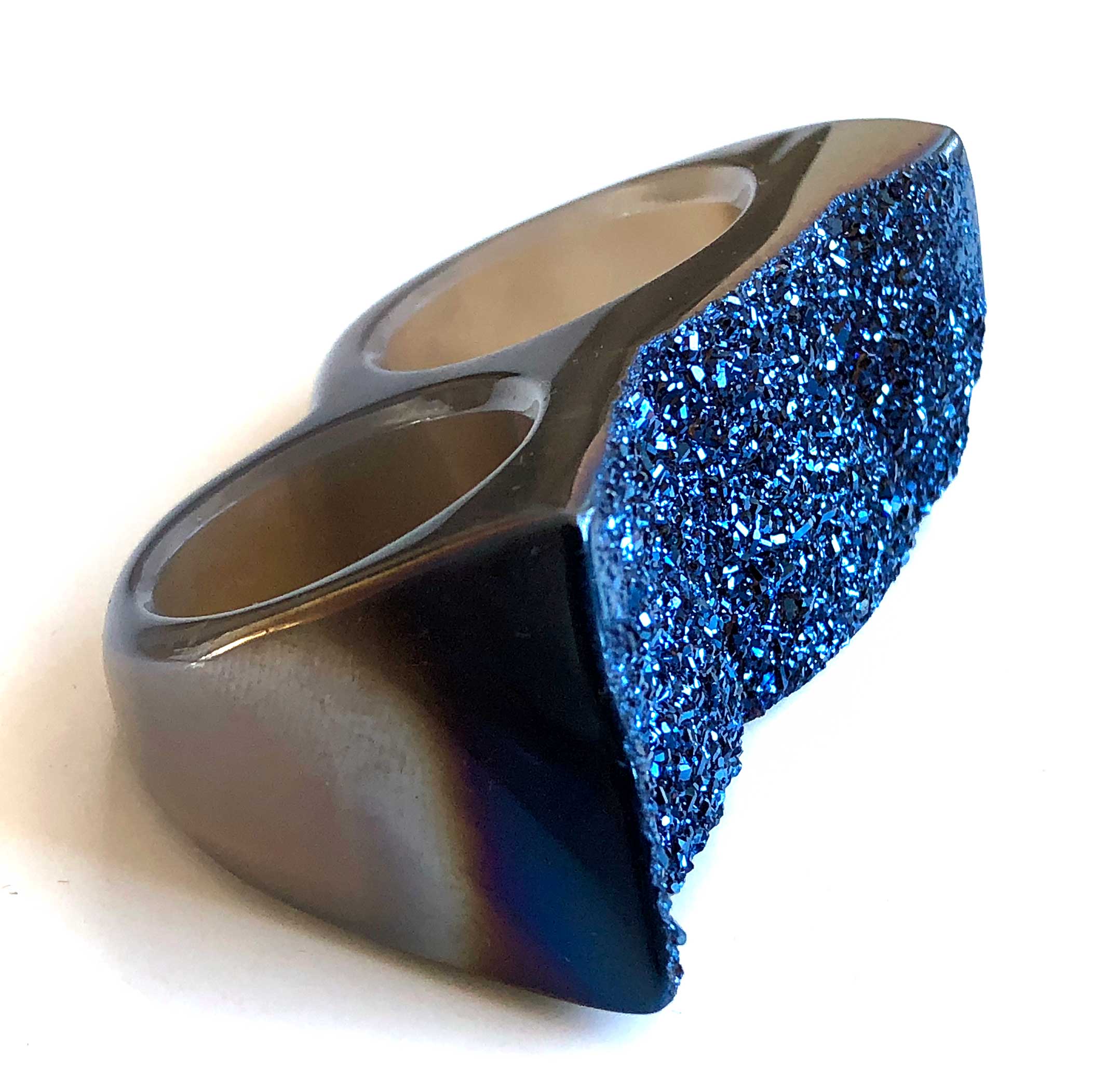 Two Finger Knuckle Duster Rings. Iridescent Blue Druzy, Carved Stone Rings