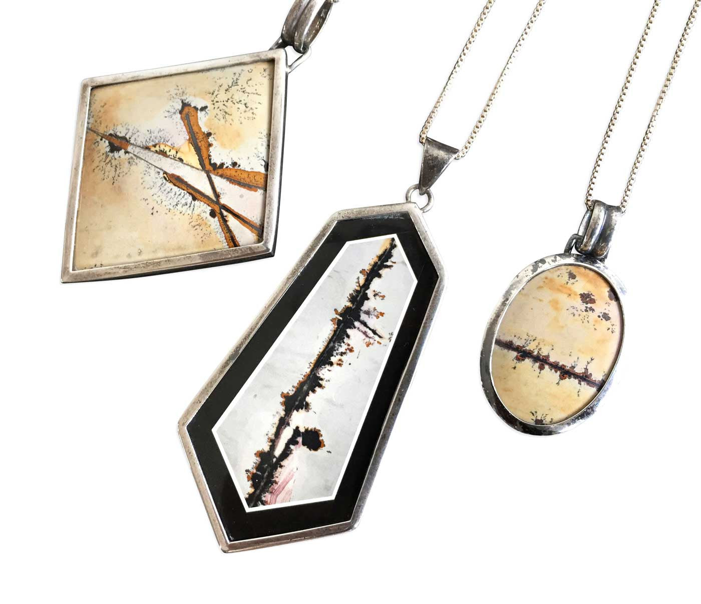 Hexagonal Sterling Silver Dendritic Agate Intarsia Pendant