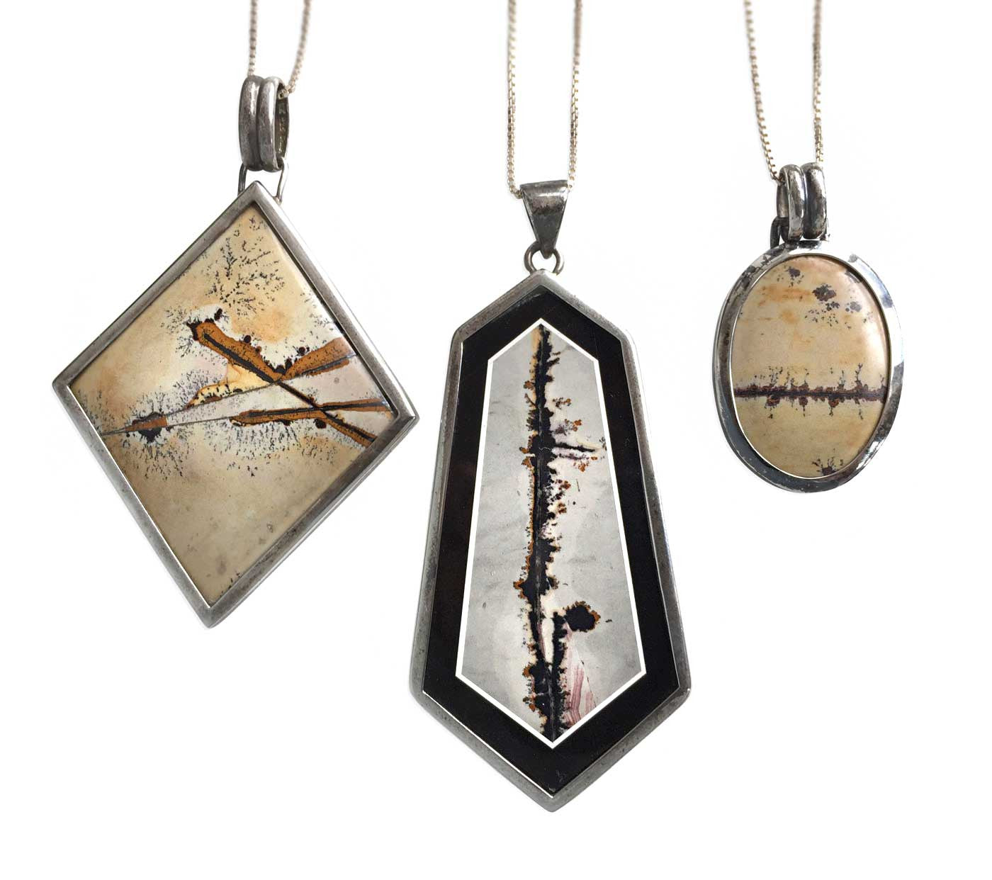 Hexagonal Sterling Silver Dendritic Agate Intarsia Pendant